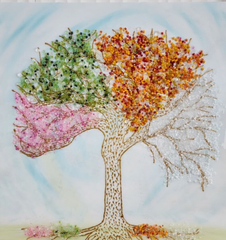 4 Seasons Tree Painting, Crushed Glass Pine Tree Art, Mixed Media Pine ...