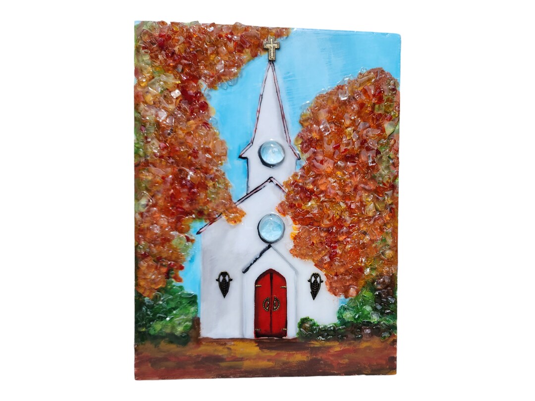 Fall Chapel Painting, Mixed Media Fall Chapel, Glass and Resin Trees ...