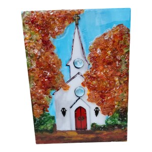 Fall Chapel Painting, Mixed Media Fall Chapel, Glass and Resin Trees ...