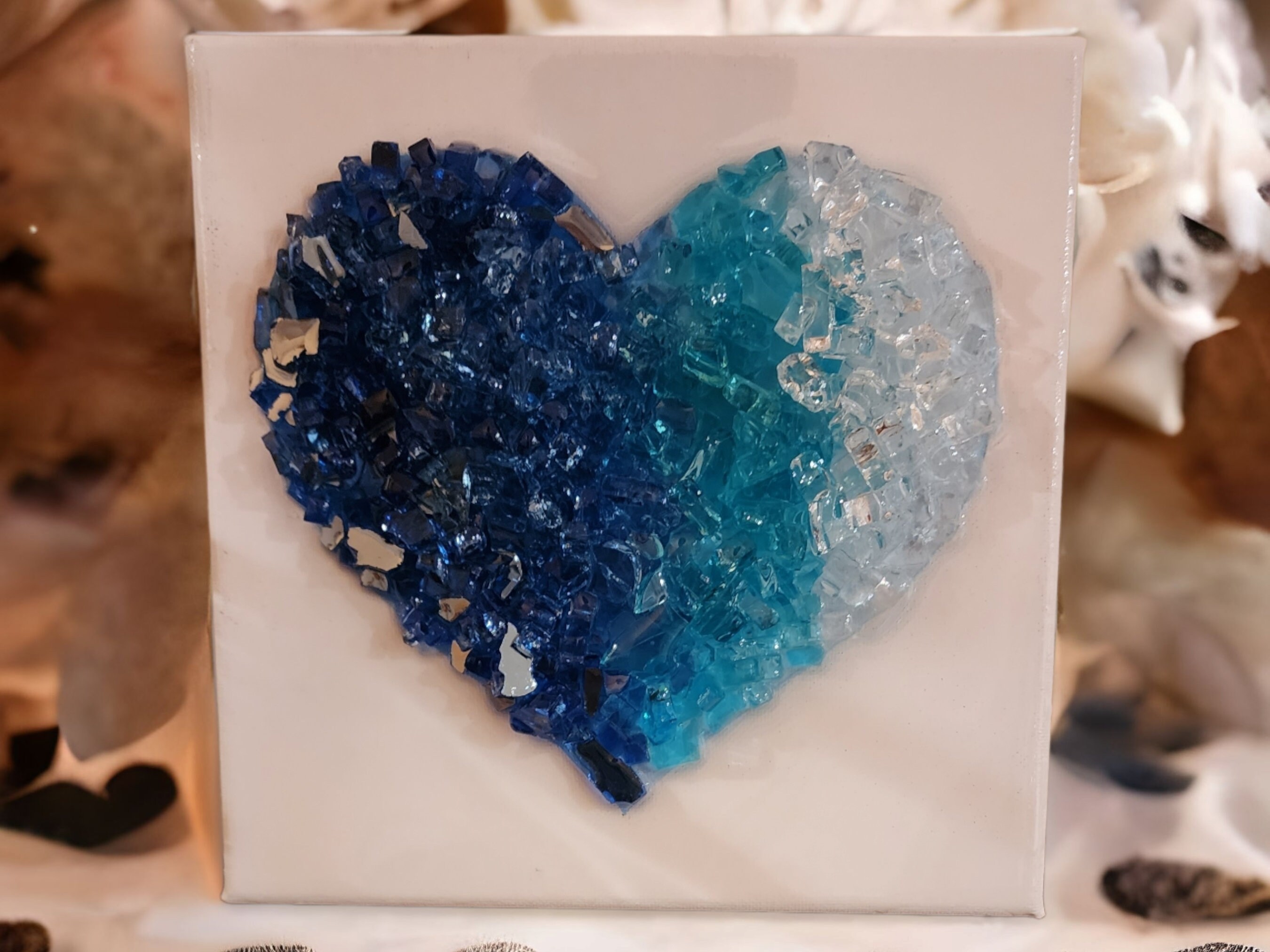 Blue Ombre Heart Painting, Blue Crushed Glass Heart, Glass Heart, Heart ...