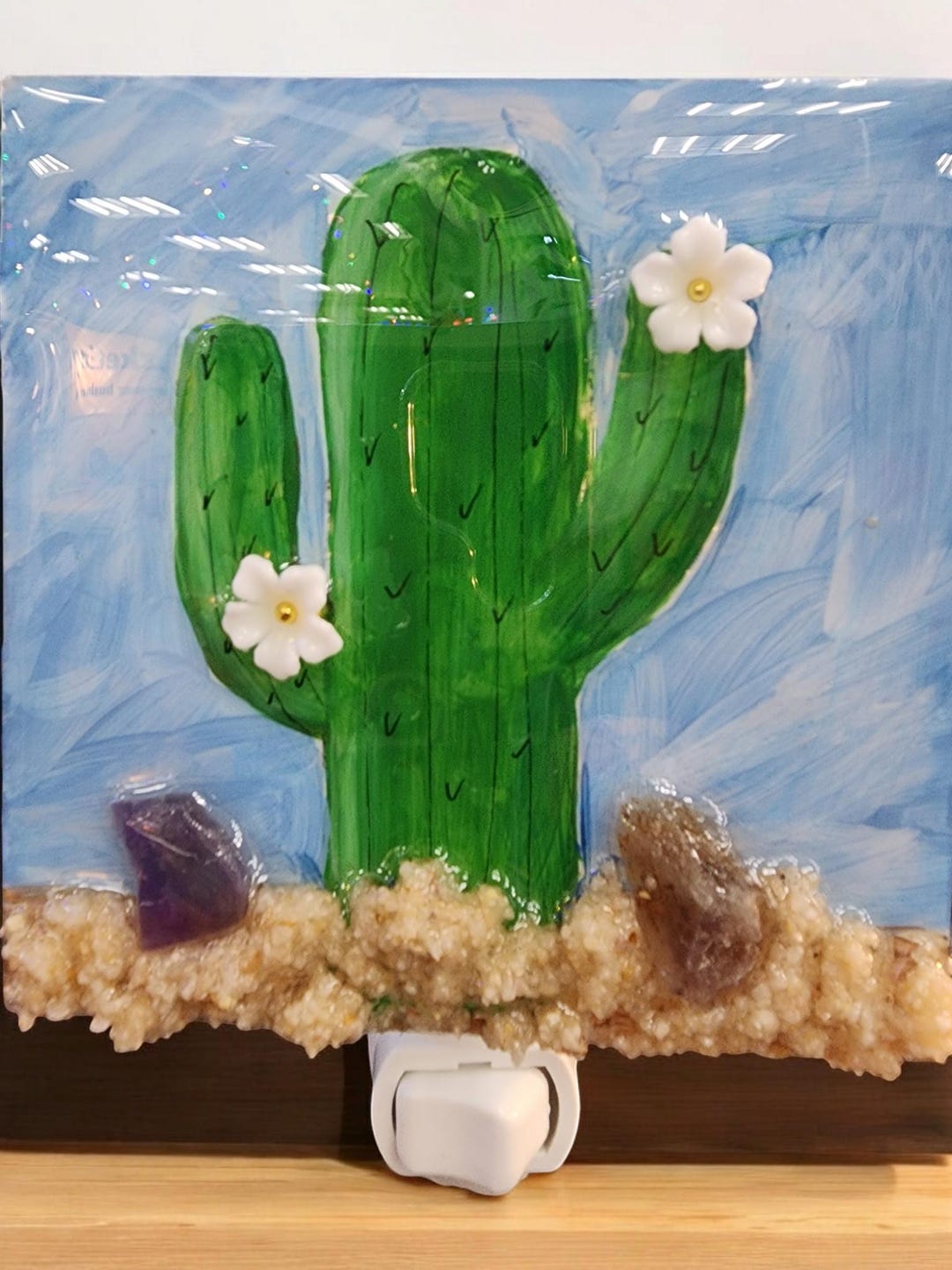 Hand Painted Cactus Night Light, Cactus Night Light, Mixed Media Cactus ...