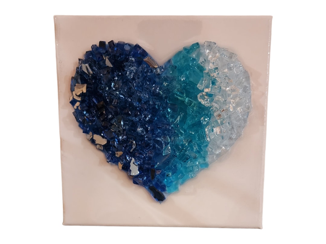 Blue Ombre Heart Painting, Blue Crushed Glass Heart, Glass Heart, Heart ...