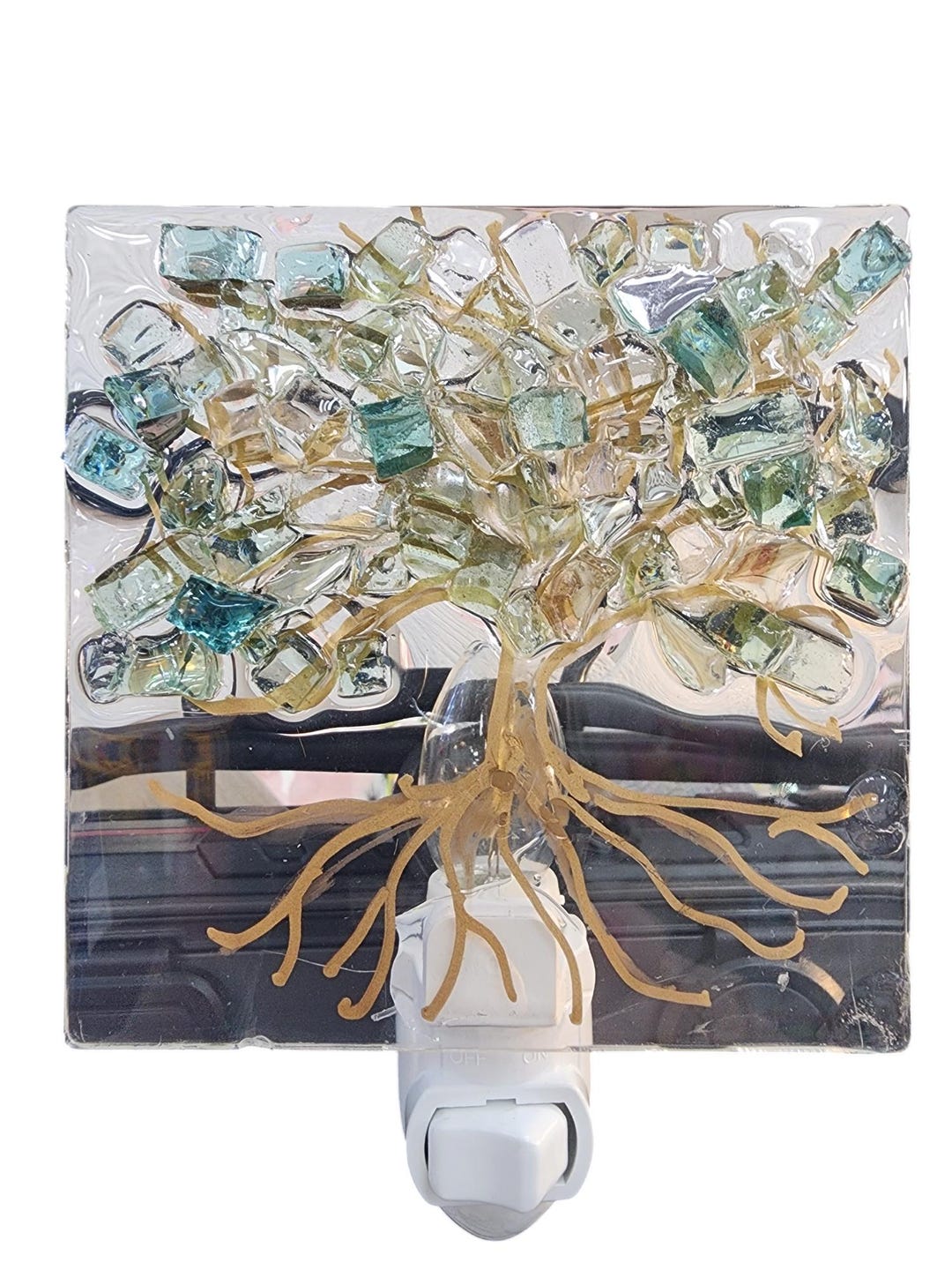 Hand Painted Tree of Life Night Light, Green and Gold Glass Heart Night ...