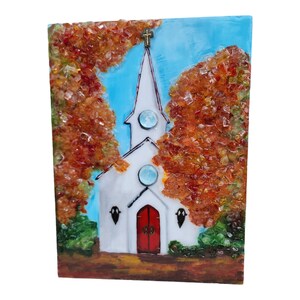 Fall Chapel Painting, Mixed Media Fall Chapel, Glass and Resin Trees ...