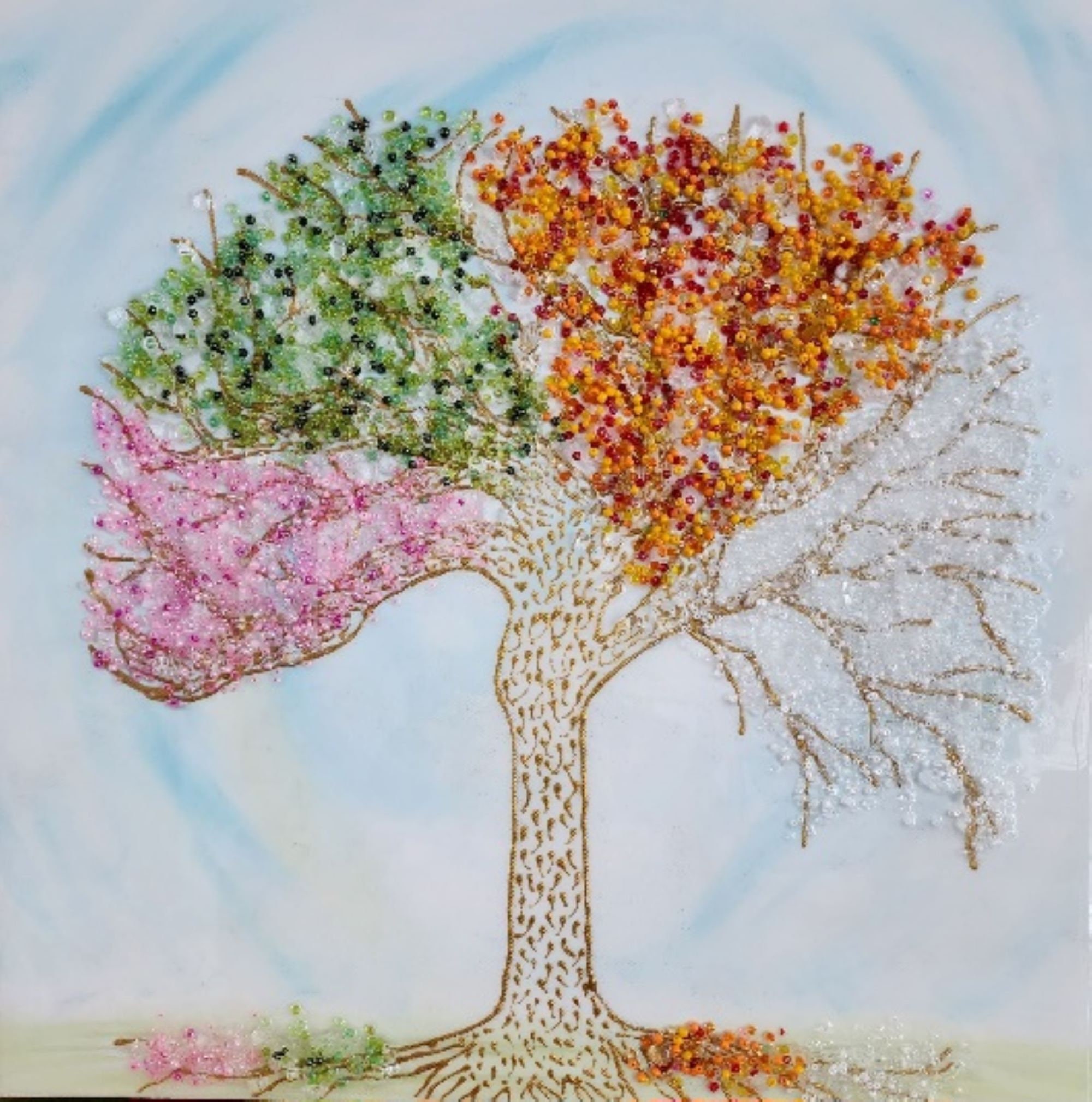 4 Seasons Tree Painting, Crushed Glass Pine Tree Art, Mixed Media Pine ...