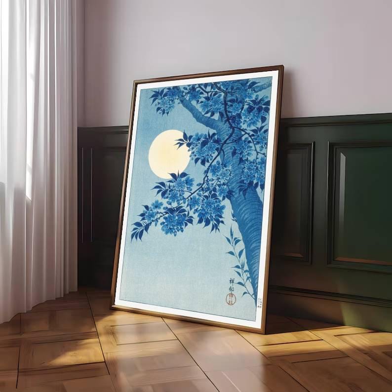 Blue Japanese Moon Canvas Print, Cherry Blossom Tree, Ukiyo-e Style - Etsy
