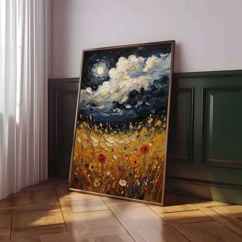 Wildflowers Field Framed Wall Art, Abstract Night Sky & Moon Decor ...