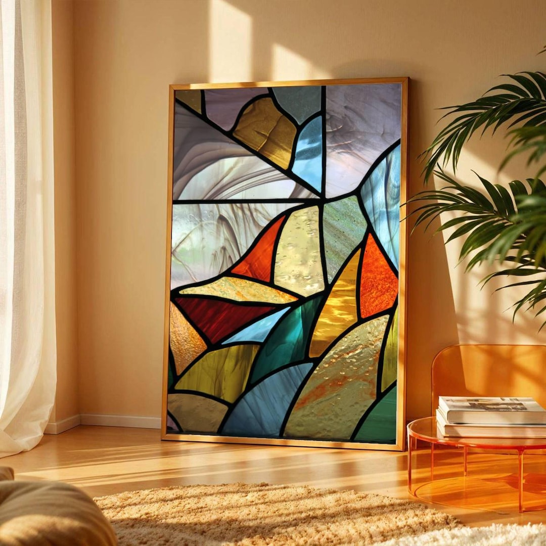 Modern Stained Glass Wall Art, Abstract Colorful Glass Landscape Print ...