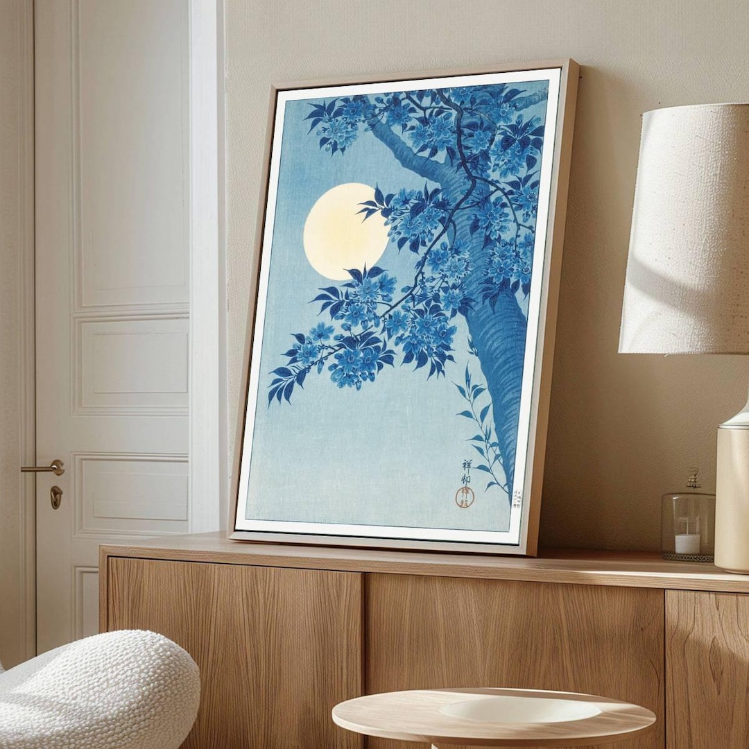 Blue Japanese Moon Canvas Print, Cherry Blossom Tree, Ukiyo-e Style - Etsy