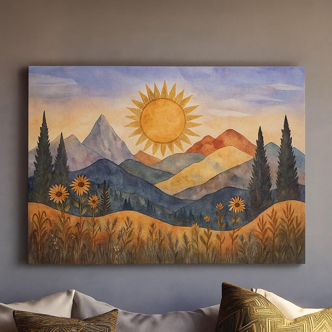 Southwestern Sun Canvas Print: Boho Mountain Landscape, Floral Home ...