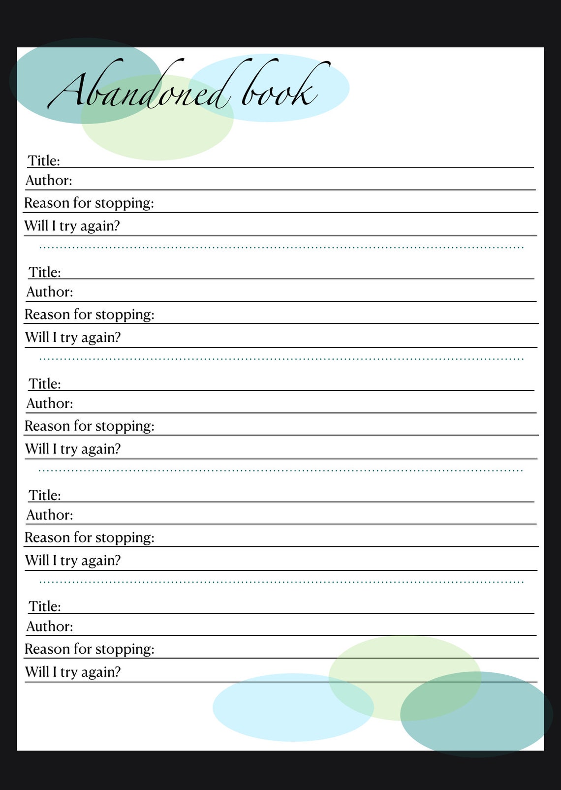 Reading Journal Digital Print in Greens - Etsy