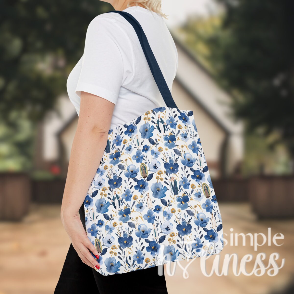 Blue & Gold Floral Marian Tote Bag. Catholic Mass and Bible Study Bag ...