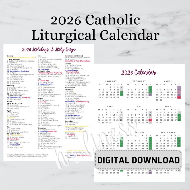 2026 Catholic Calendar- DIGITAL Download/catholic Planning, Liturgical ...