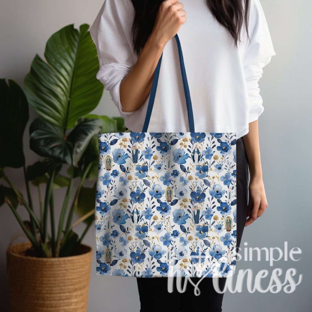 Blue & Gold Floral Marian Tote Bag. Catholic Mass and Bible Study Bag ...