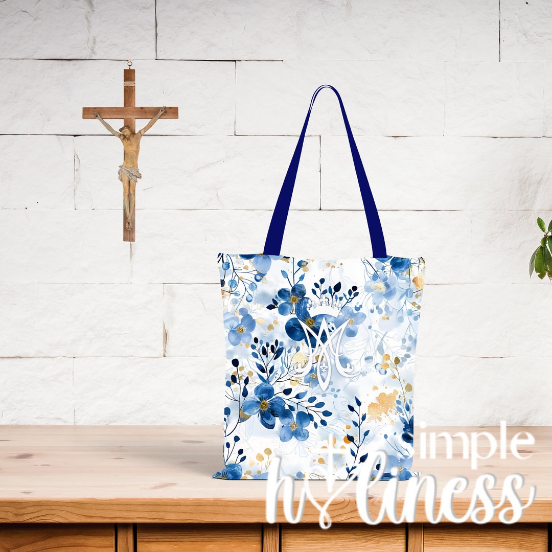 Blue Floral With White Marian Crown Tote Bag. Catholic Mass and Bible ...