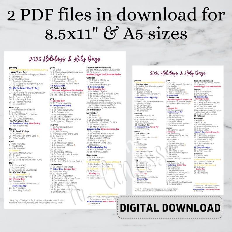 2026 Catholic Calendar- DIGITAL Download/catholic Planning, Liturgical ...