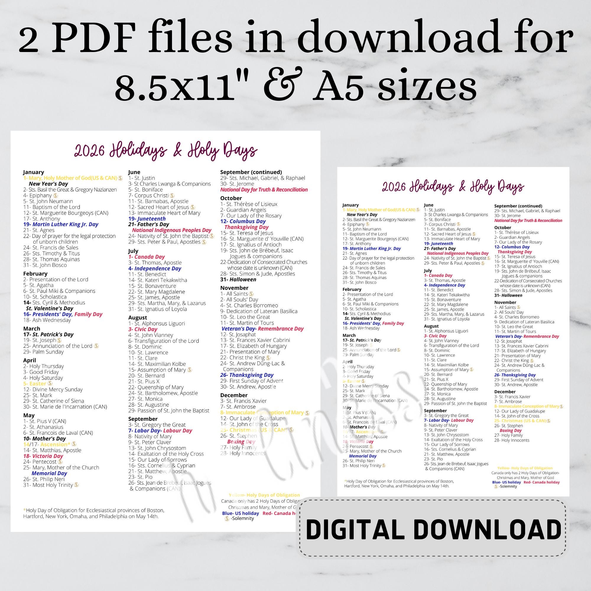 2026 Catholic Calendar- DIGITAL Download/catholic Planning, Liturgical ...