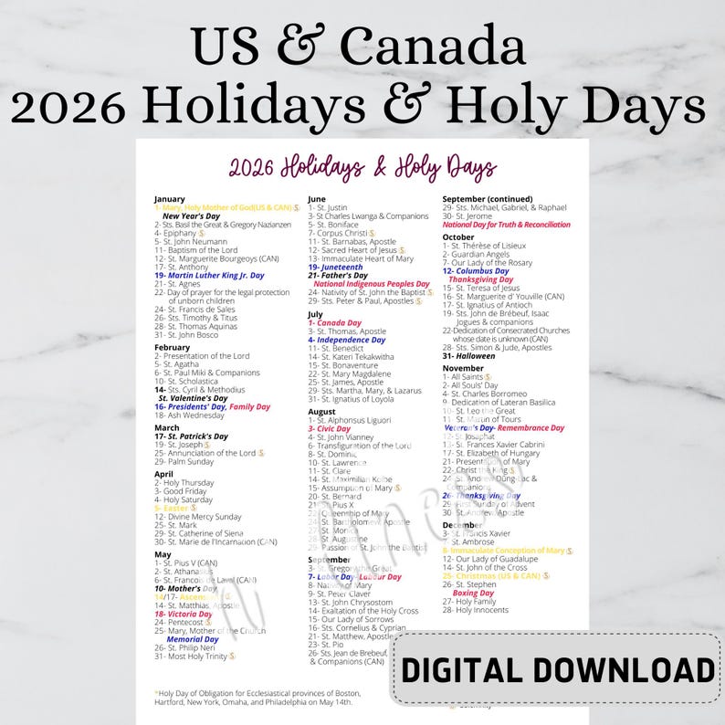 2026 Catholic Calendar- DIGITAL Download/catholic Planning, Liturgical ...