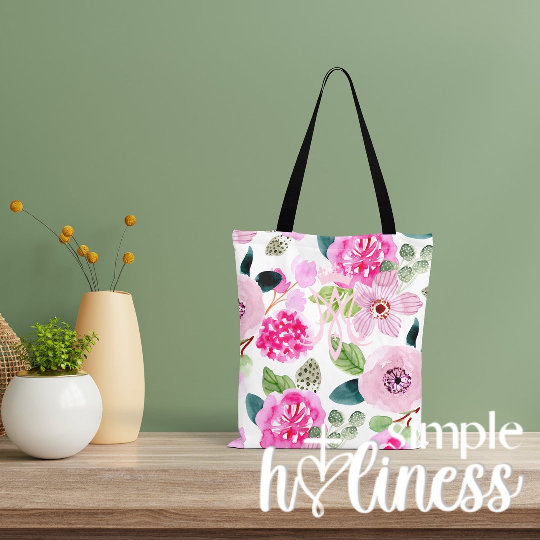 Pink Floral With Light Pink Marian Crown Tote Bag. Catholic Mass and ...
