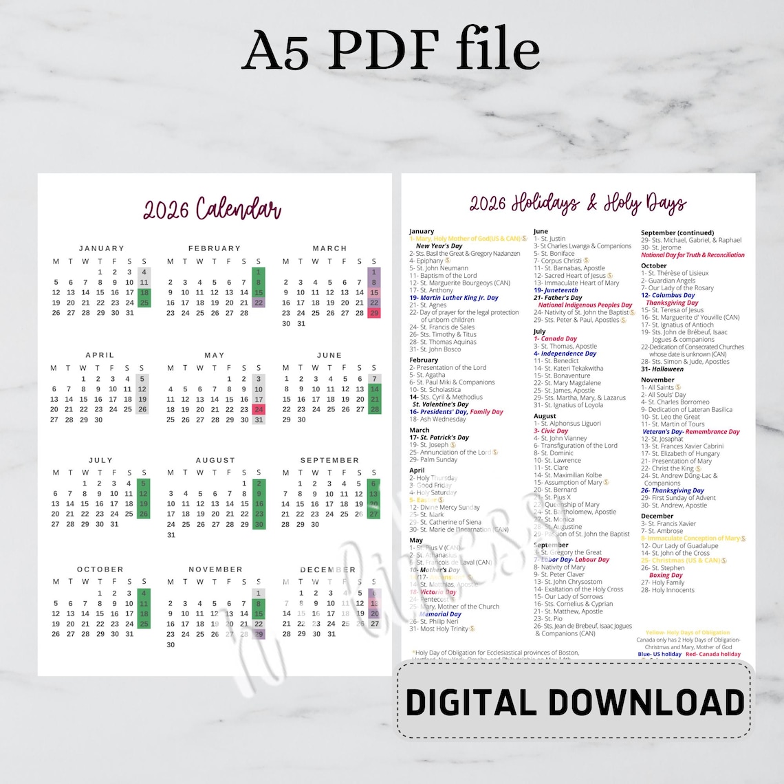 2026 Catholic Calendar- DIGITAL Download/catholic Planning, Liturgical ...