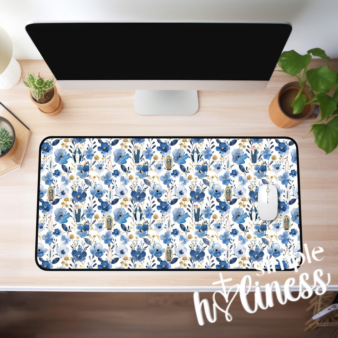 Blue and Gold Floral Marian Desk Mat/ Catholic Computer Mat, Catholic ...
