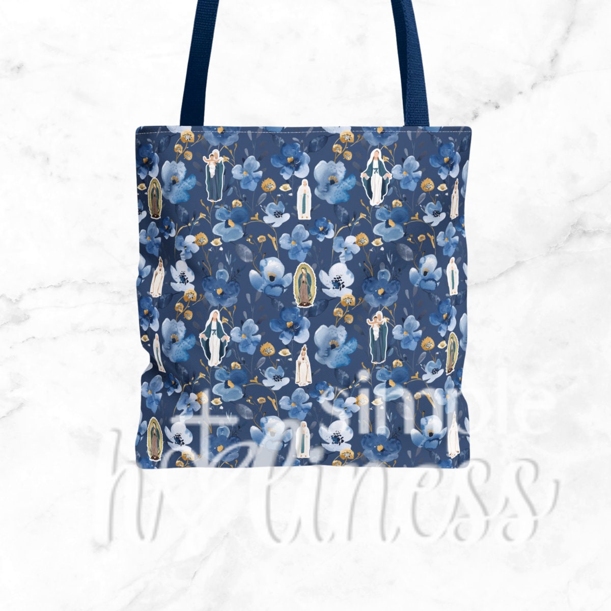 Blue & Gold Floral Marian Blue Tote Bag. Catholic Mass and Bible Study ...