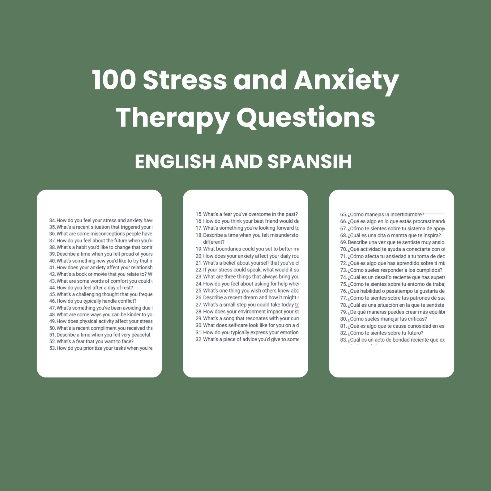 Spanish Stress Anxiety Therapy Questions Bundle, Paquete De Preguntas ...