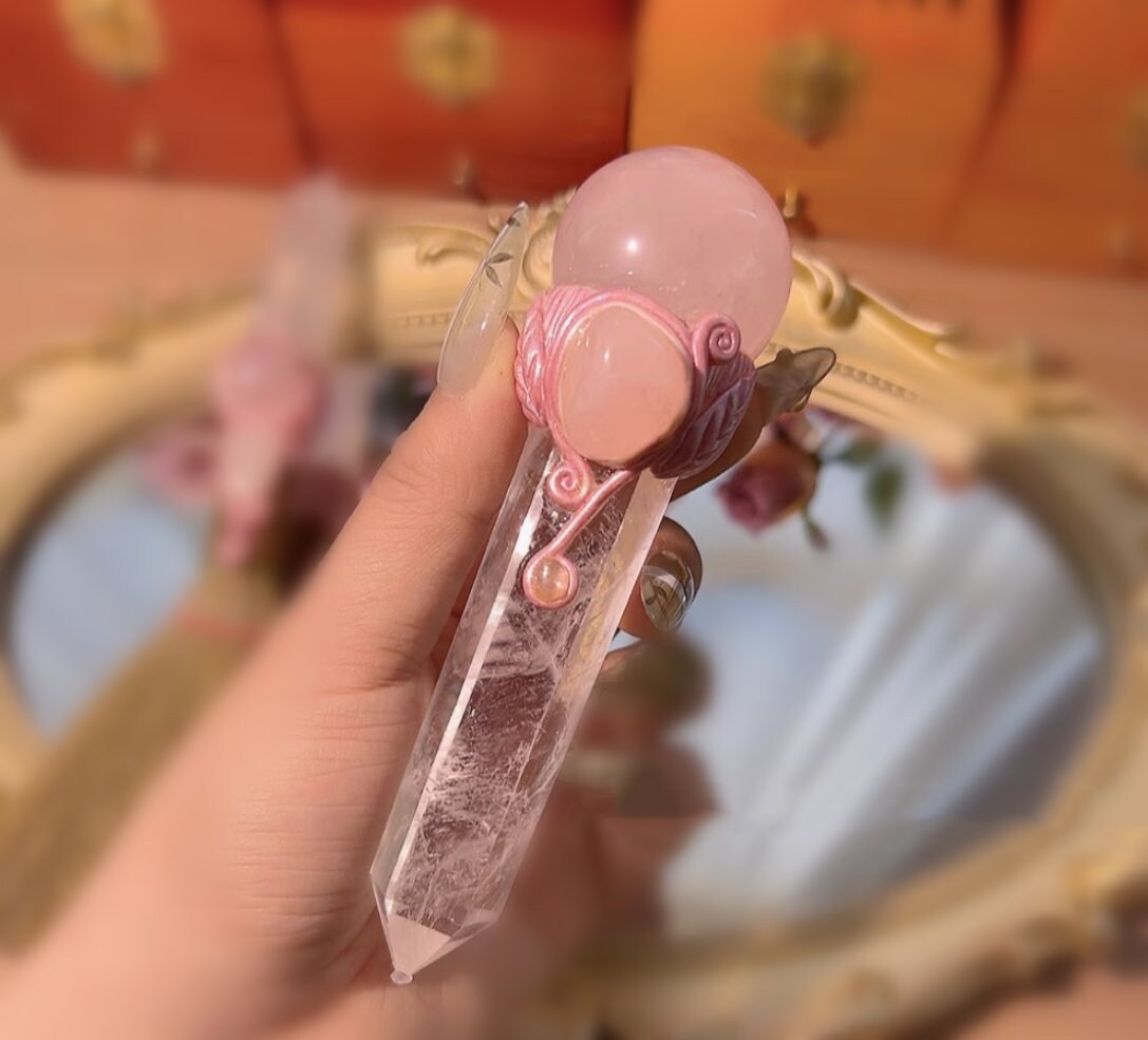 Ancient Wizard's Wand With Natural Rose Quartz and White Crystals ...