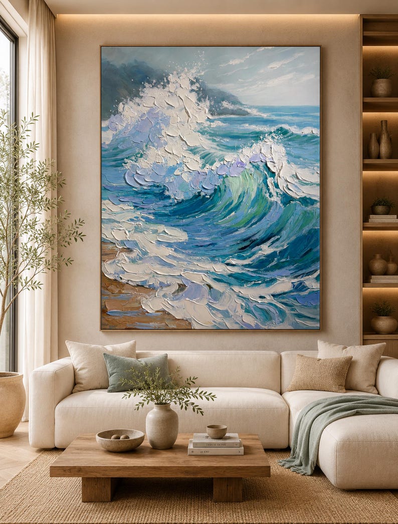 Custom Ocean Waves Impasto Oil Painting, Abstract Hand-painted Textured ...