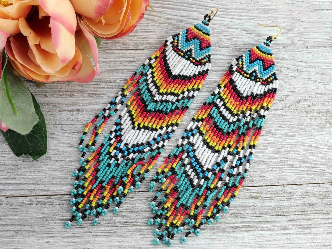 Western Aztec Multi Color Seed Beaded Fringe Tassel Long Drop Dangle ...