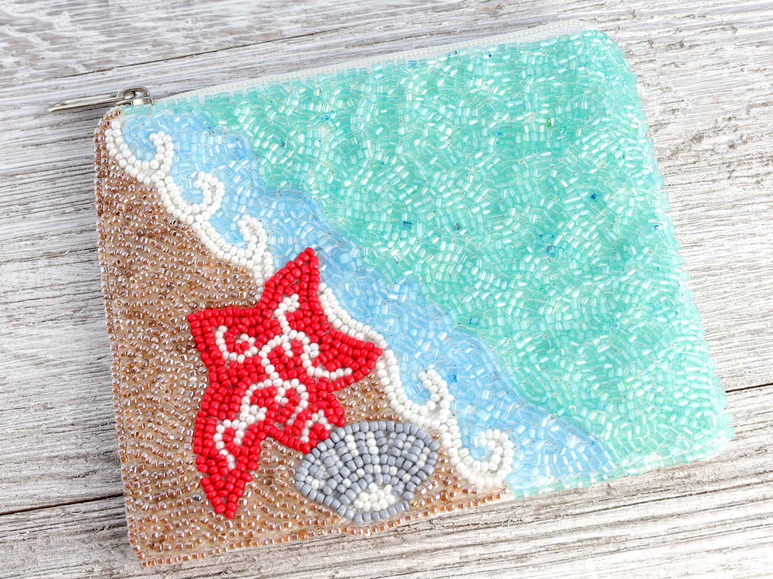 Handmade Seed Beaded Beachy Starfish Shell Coin Bag Purse Boho Tropical ...