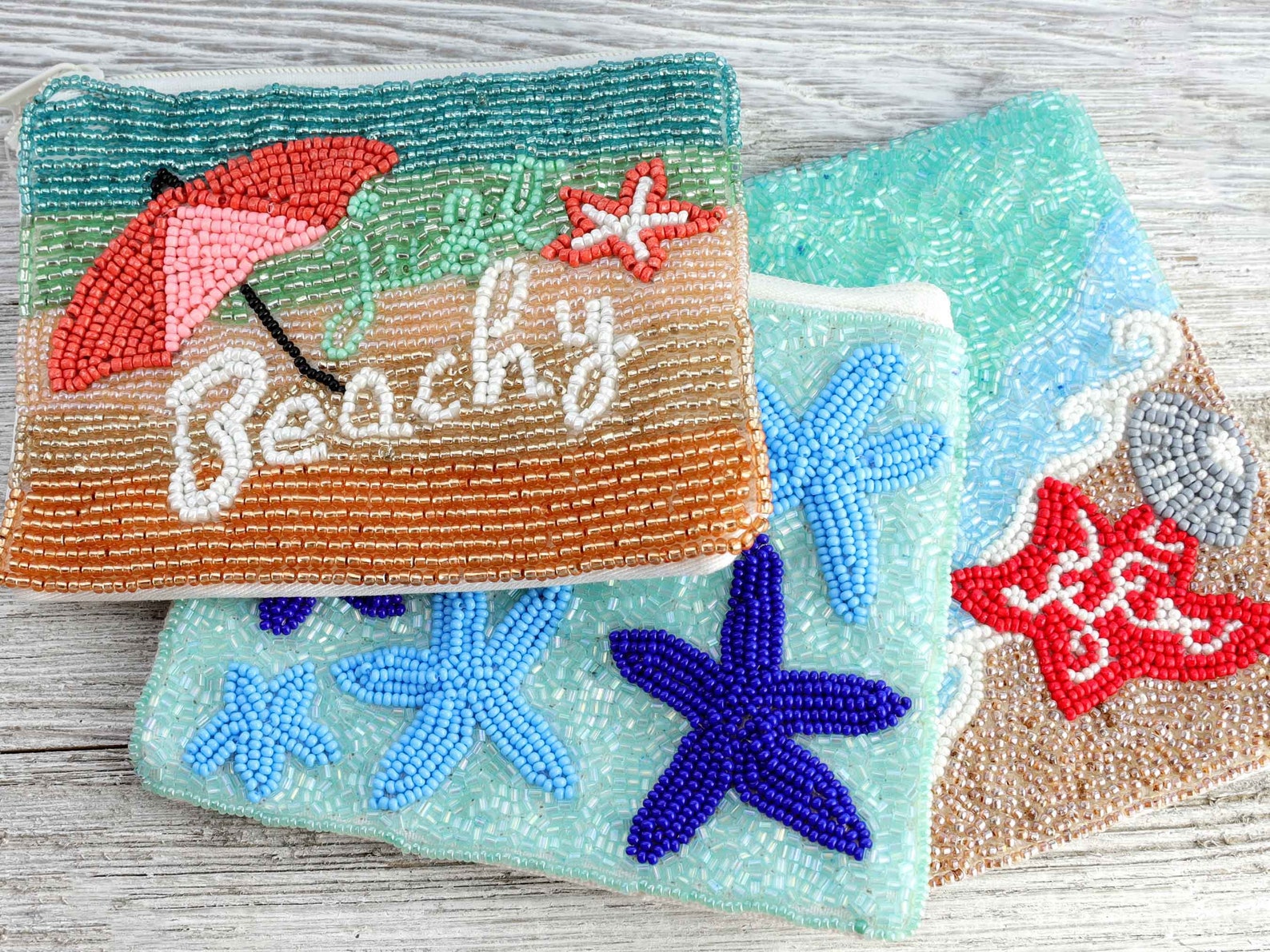 Handmade Seed Beaded Beachy Starfish Shell Coin Bag Purse Boho Tropical ...