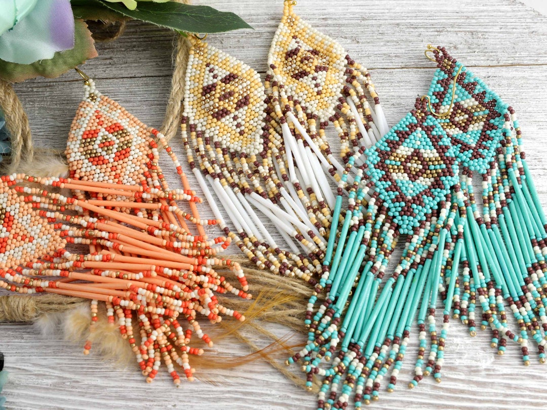 Western Aztec Multi Color Seed Beaded Fringe Tassel Long Drop Dangle ...