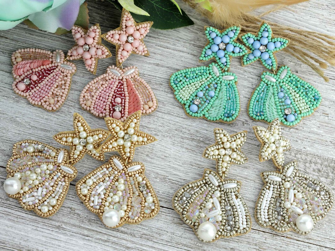 Handmade Seed Beaded Seashell Starfish Drop Dangle Statement Earrings ...