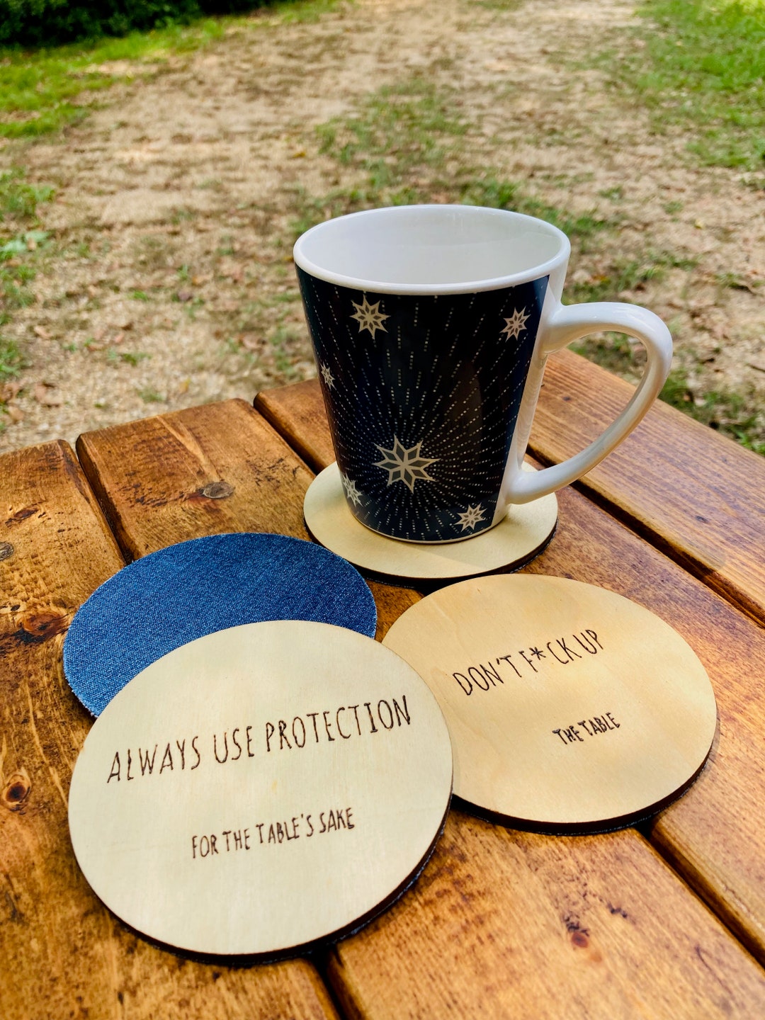 Set of 4 Wood Coasters / Wine Glass Covers With Wood-burned Design and ...