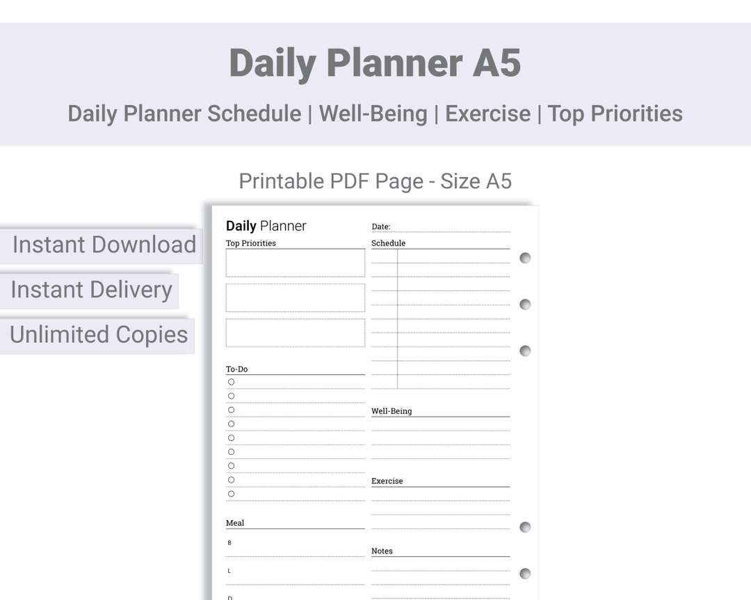 Daily Planner,a5 Instant Download Schedule, Goals, Meal Planning, Focus ...