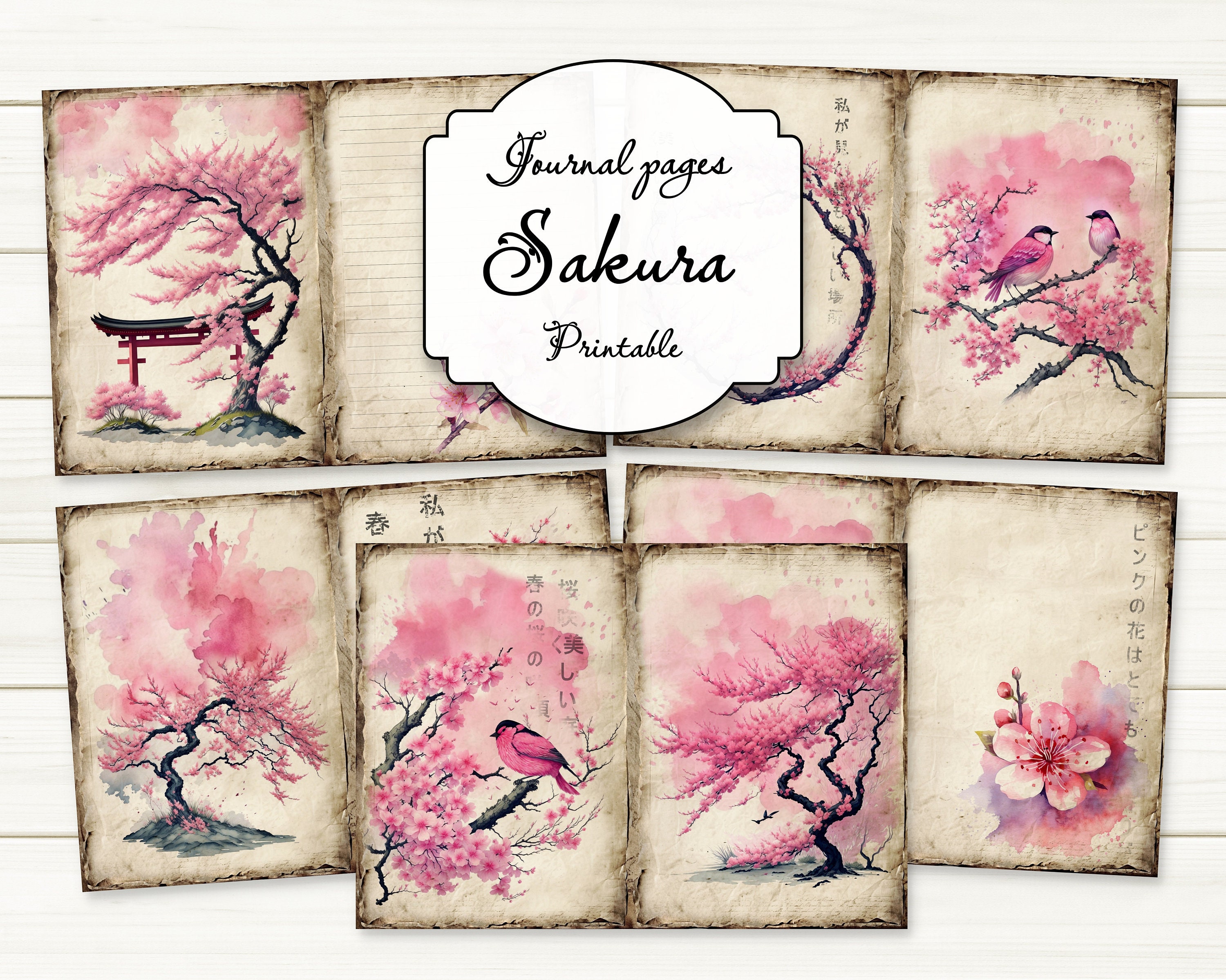Sakura Journal Pages With Pink Japanese Cherry Bloom, Birds Images ...