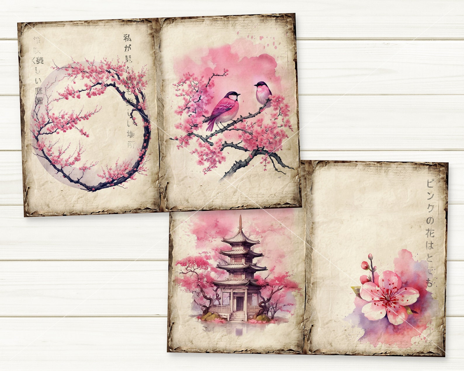 Sakura Journal Pages With Pink Japanese Cherry Bloom, Birds Images ...