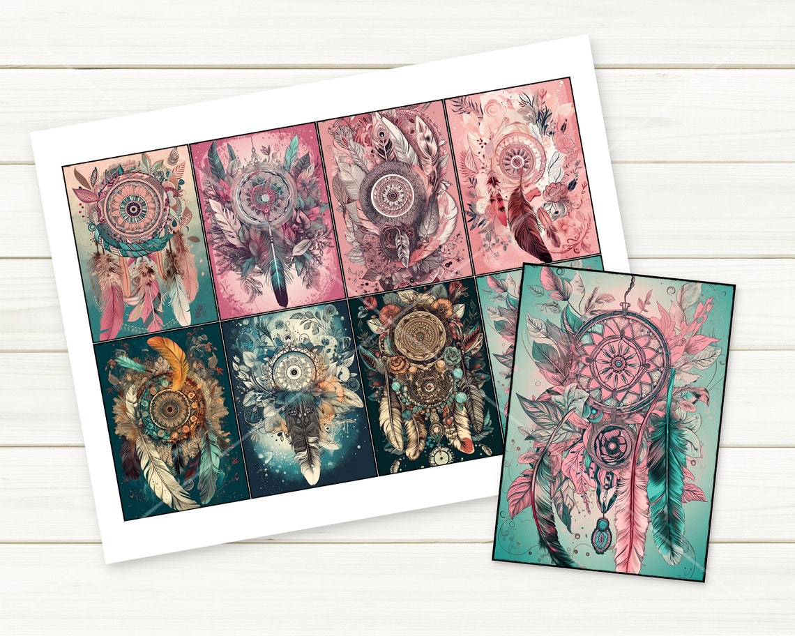 ATC Cards With Boho Feathers and Mandalas, Printable Journal Cards Set ...