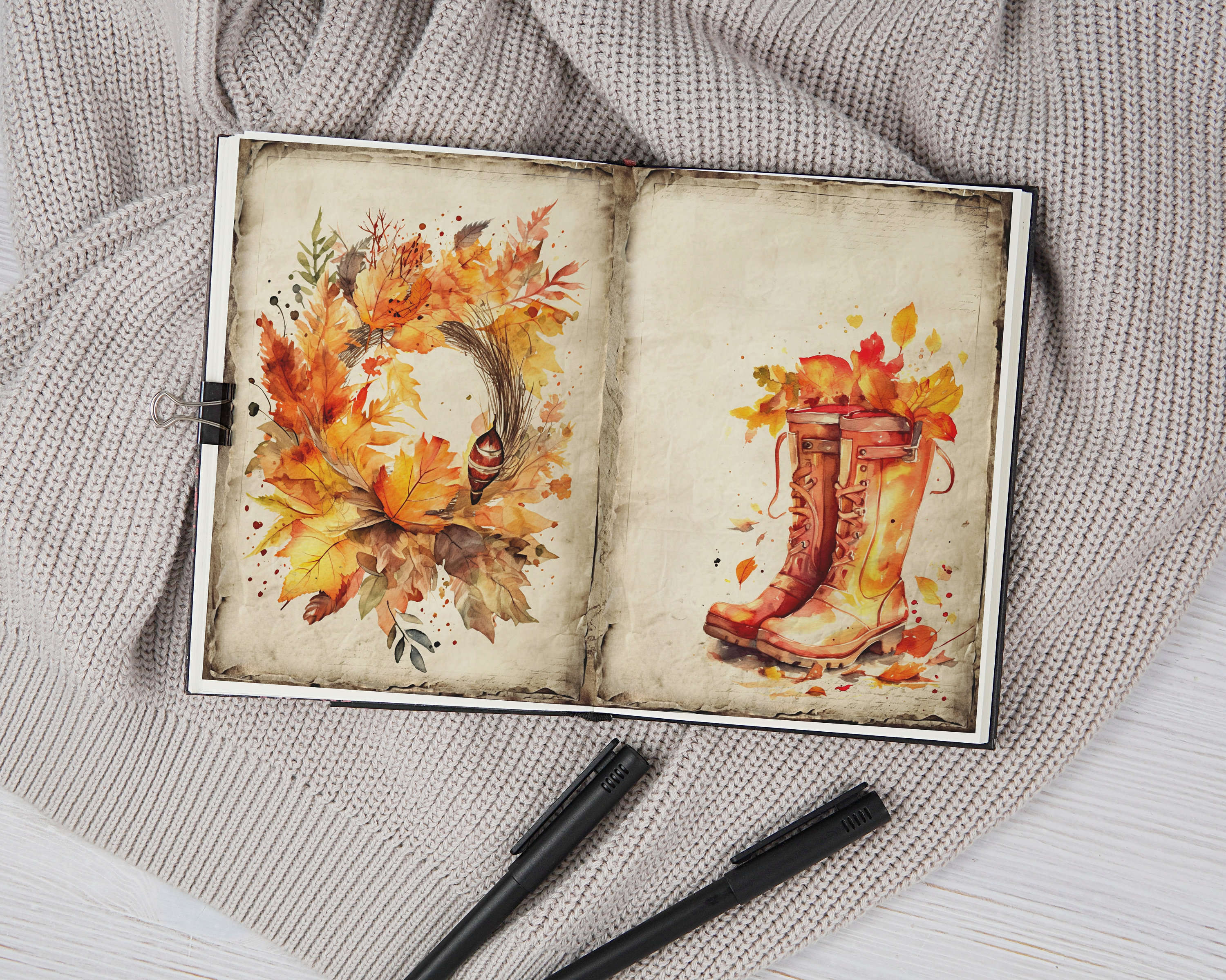 Autumn Journal Pages With Watercolor Fall Leaves Rain Boots - Etsy