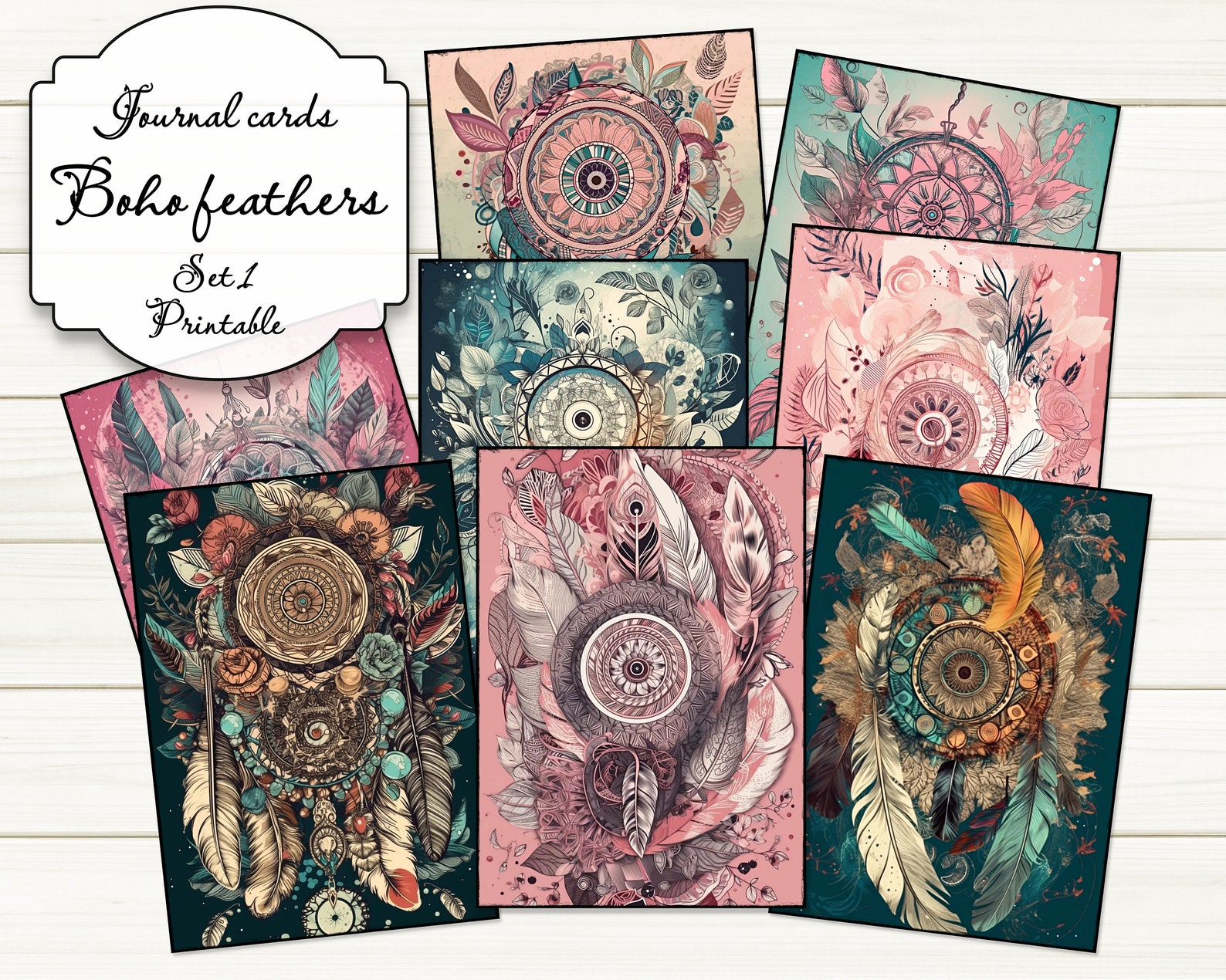 ATC Cards With Boho Feathers and Mandalas, Printable Journal Cards Set ...