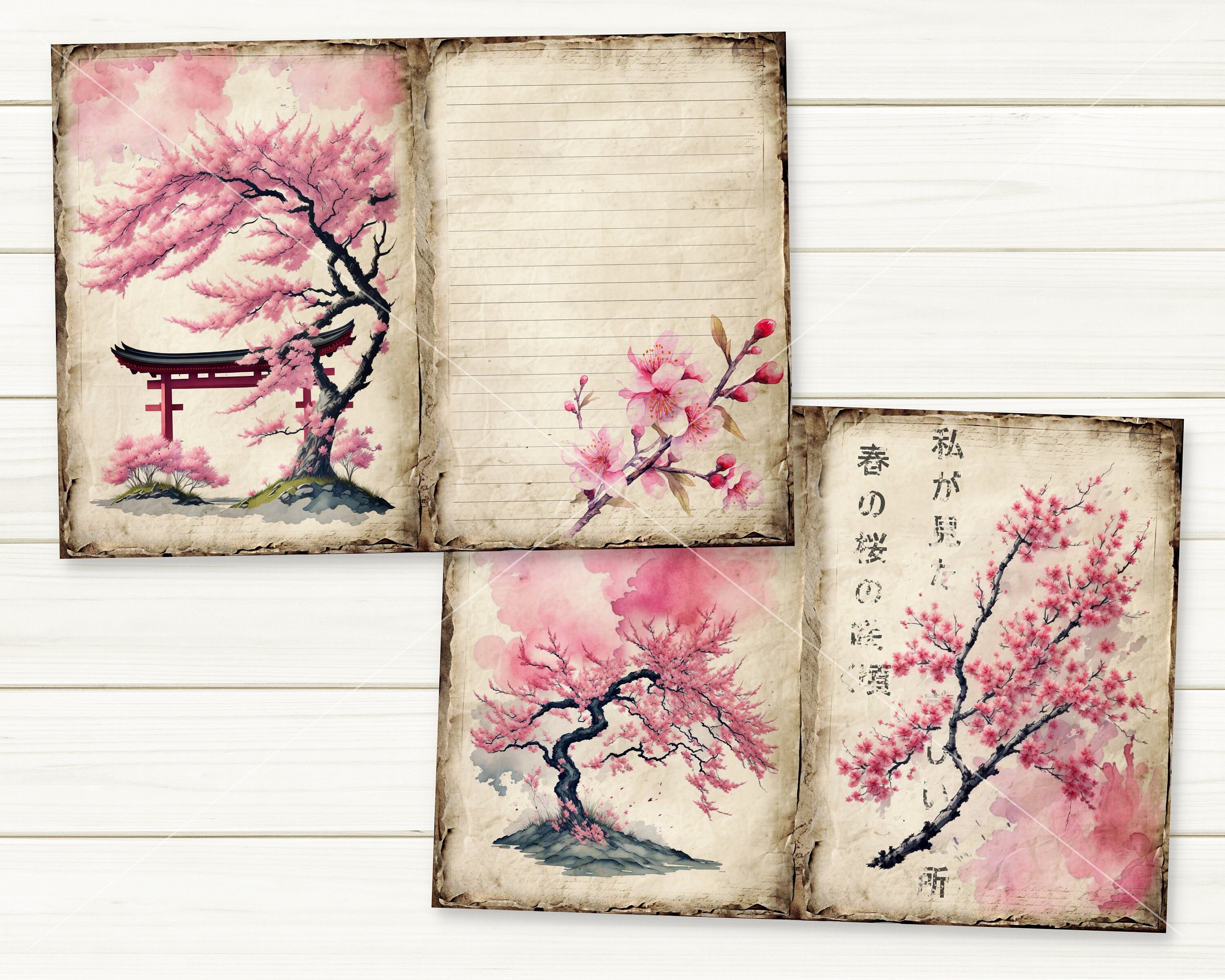 Sakura Journal Pages With Pink Japanese Cherry Bloom, Birds Images ...