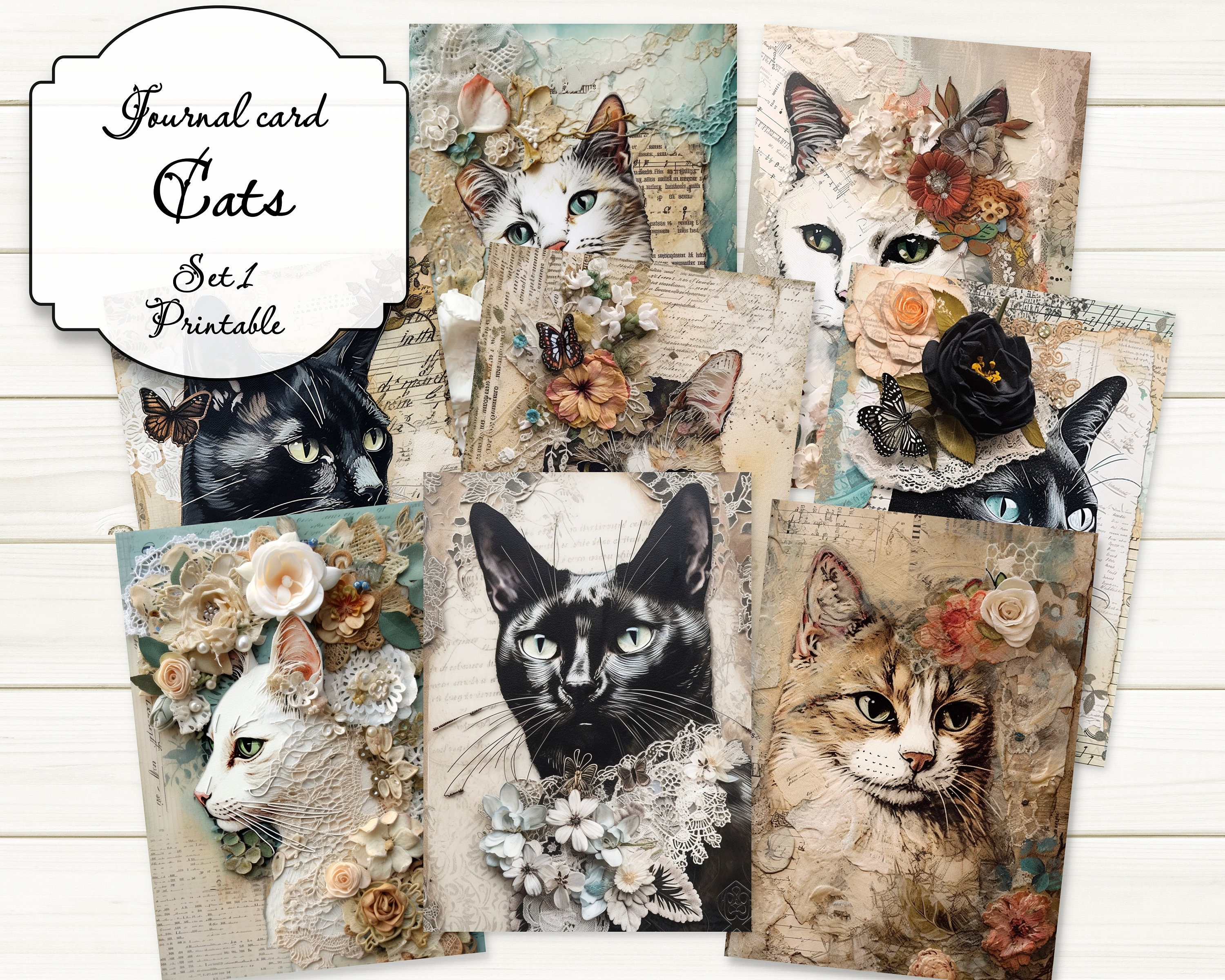 ATC Cards With Cats Mixed Media Style, Printable Journal Cards Set ...