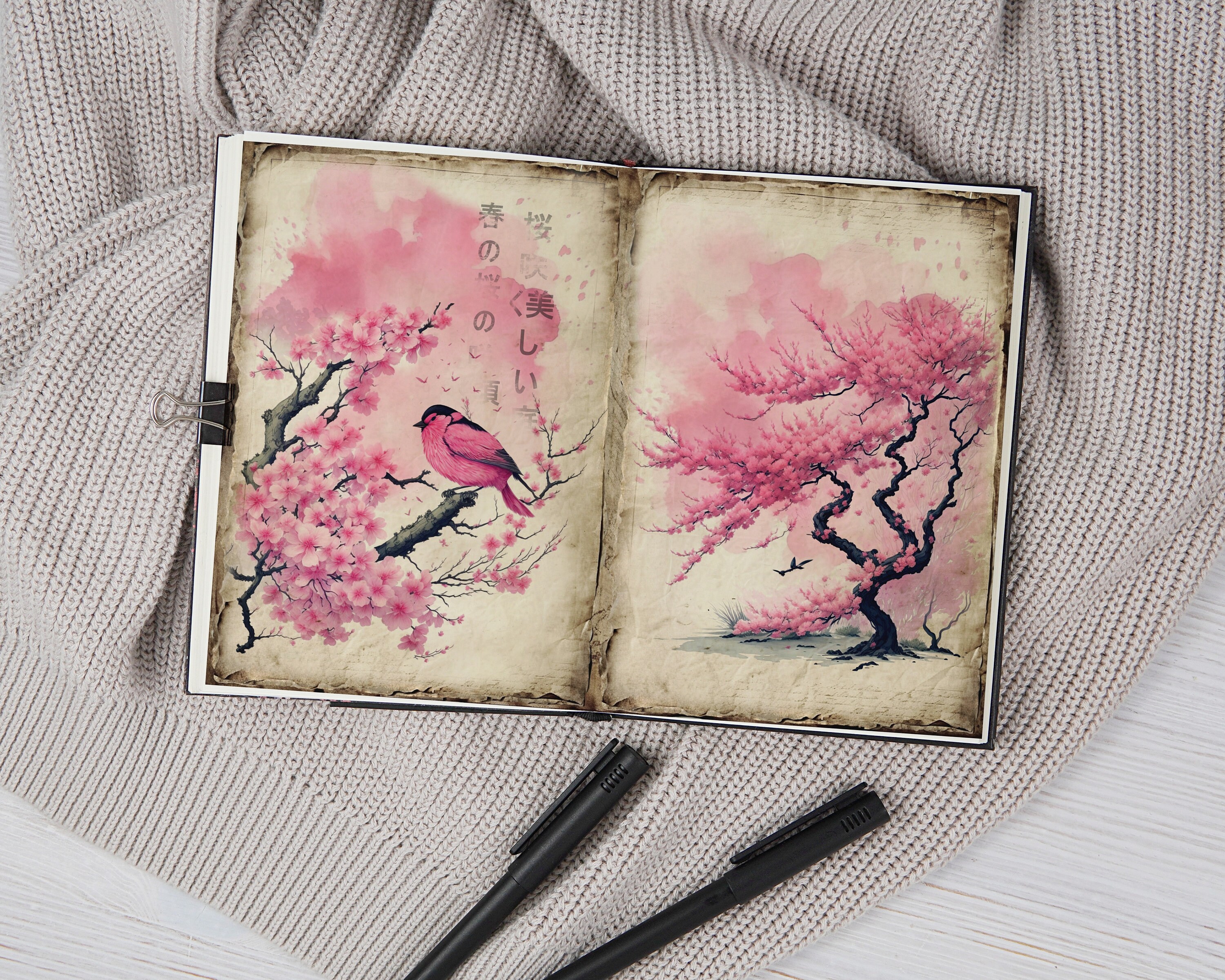 Sakura Journal Pages With Pink Japanese Cherry Bloom, Birds Images ...