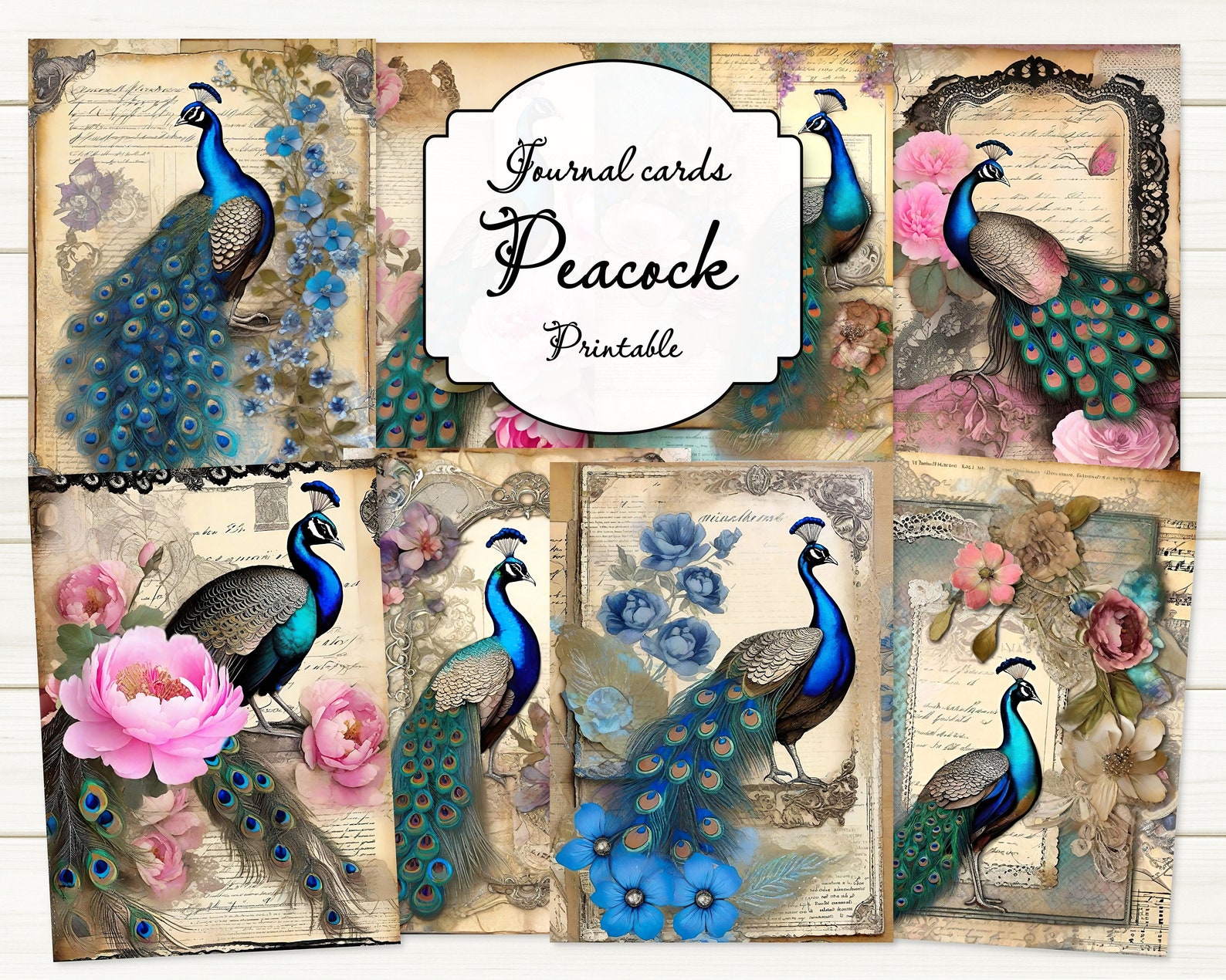 Peacock ATC Cards, Mixed Media Style, Printable Journal Cards Set ...