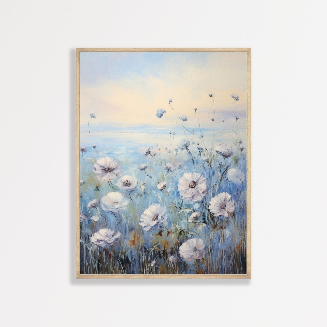 Retro Pastel Flower Painting - Soft Blue Nursery Wall Decor - Etsy