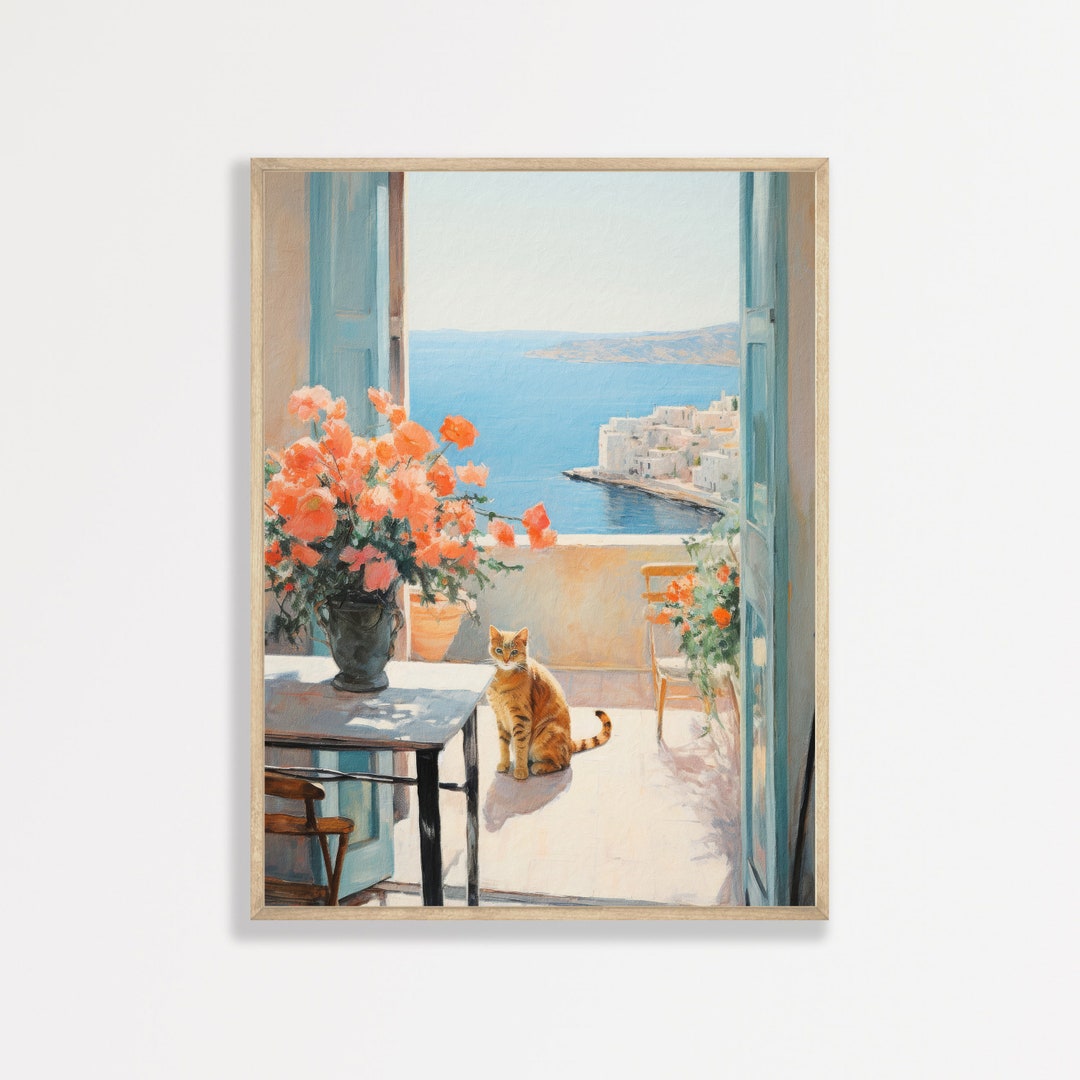 Coastal Cat Painting: Retro Greece Pastel Wall Art - Etsy