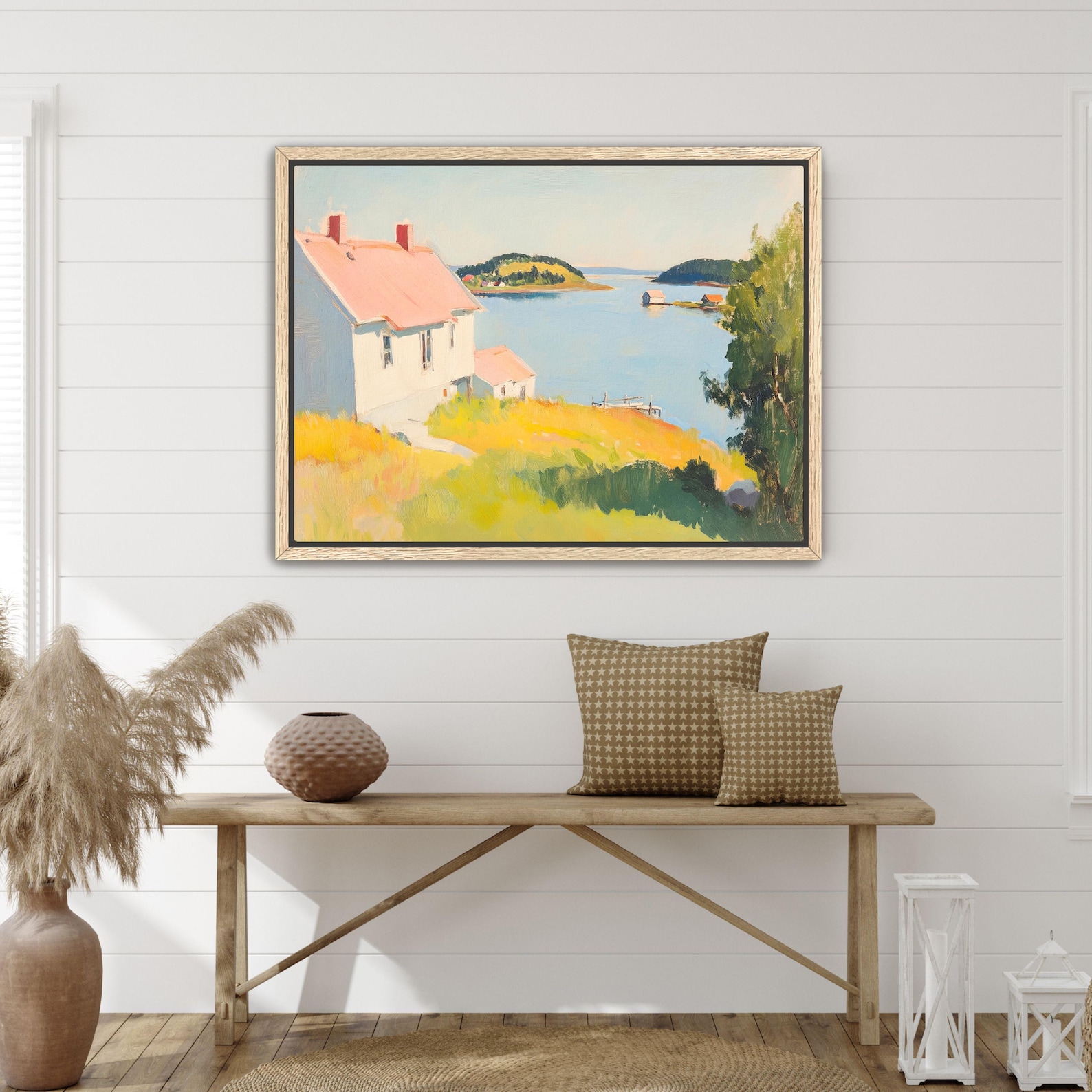 Coastal Village Painting: Neutral Vintage Landscape Wall Art - Etsy