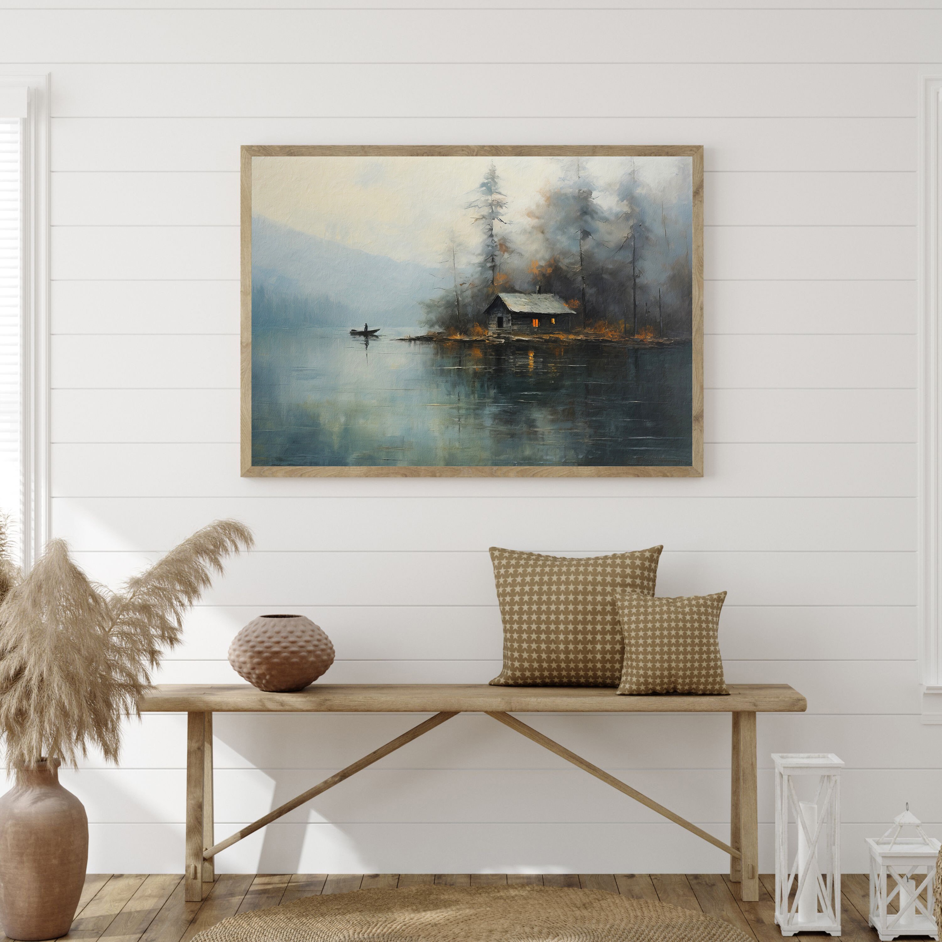 Moody Lake Painting: Vintage Cottagecore Cabin Landscape - Etsy