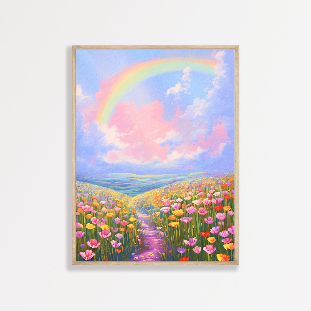 Rainbow Flower Field Painting | Retro Preppy Girls Room Wall Art ...